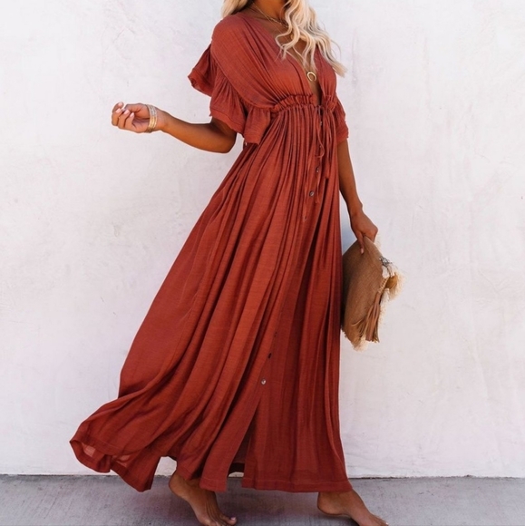 Boutique | Dresses | New Flowy Deep Plunge Maxi Dress Gauze Cover Up ...